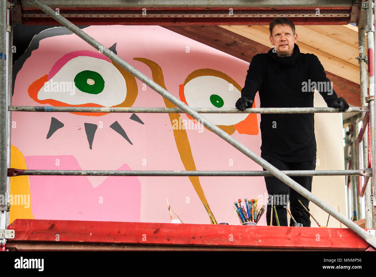 18 May 2018, Germany, Nobitz: Artist Michael Fischer-Art standing on ...