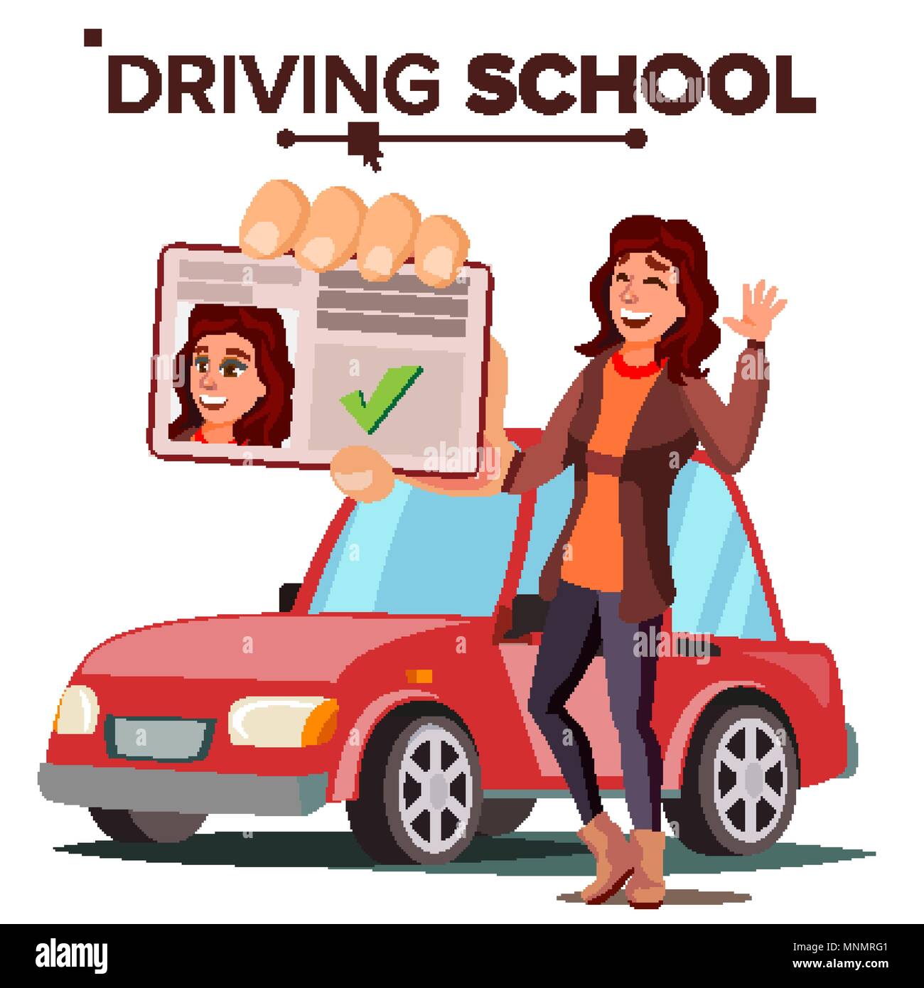 Woman In Driving School Vector. Training Car. Successful Pass Exam ...