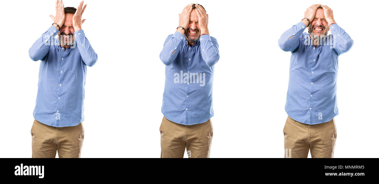 Middle age handsome man terrified and nervous expressing anxiety and ...