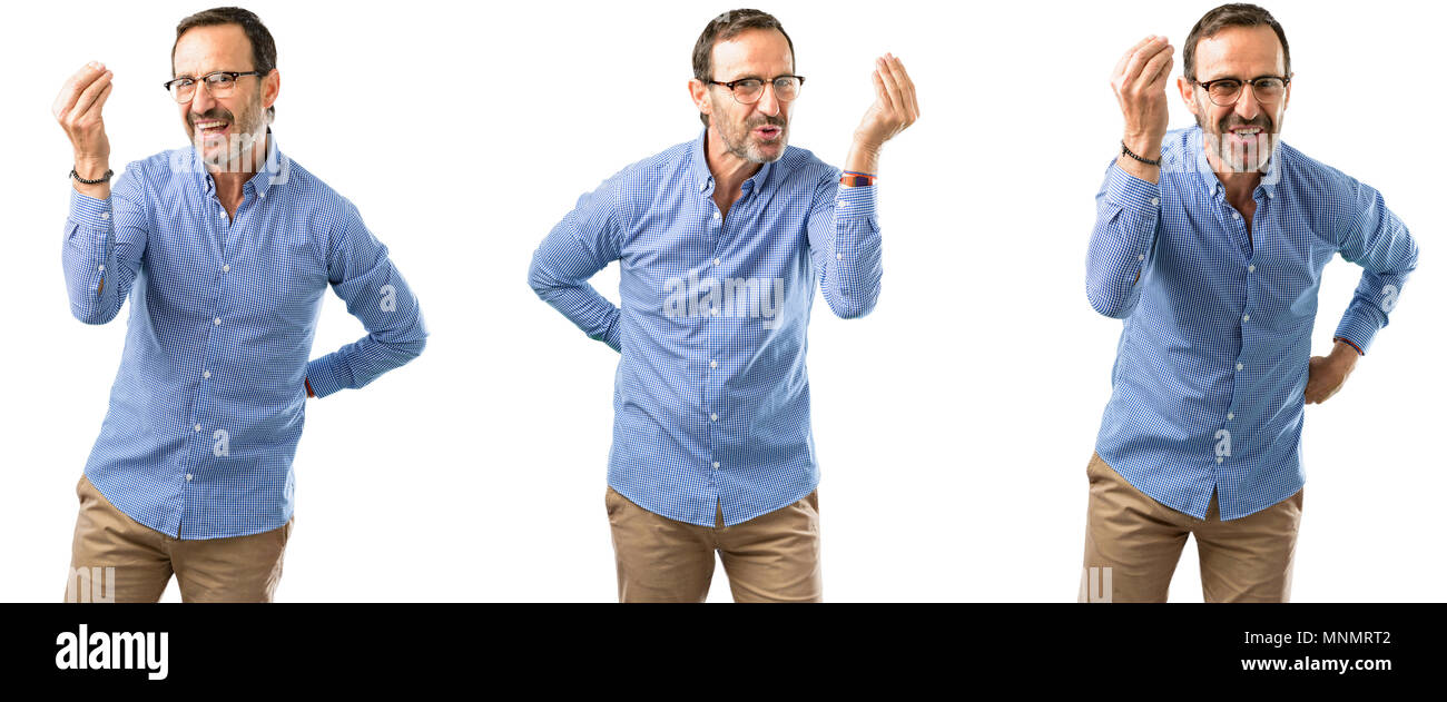 Middle age handsome man angry gesturing typical italian gesture with ...