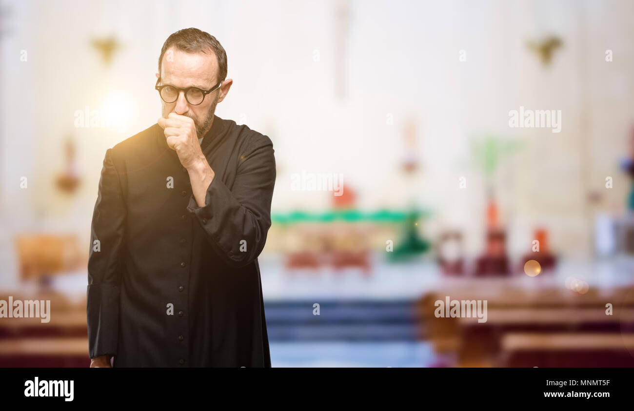 Priest religion man sick and coughing, suffering asthma or bronchitis ...
