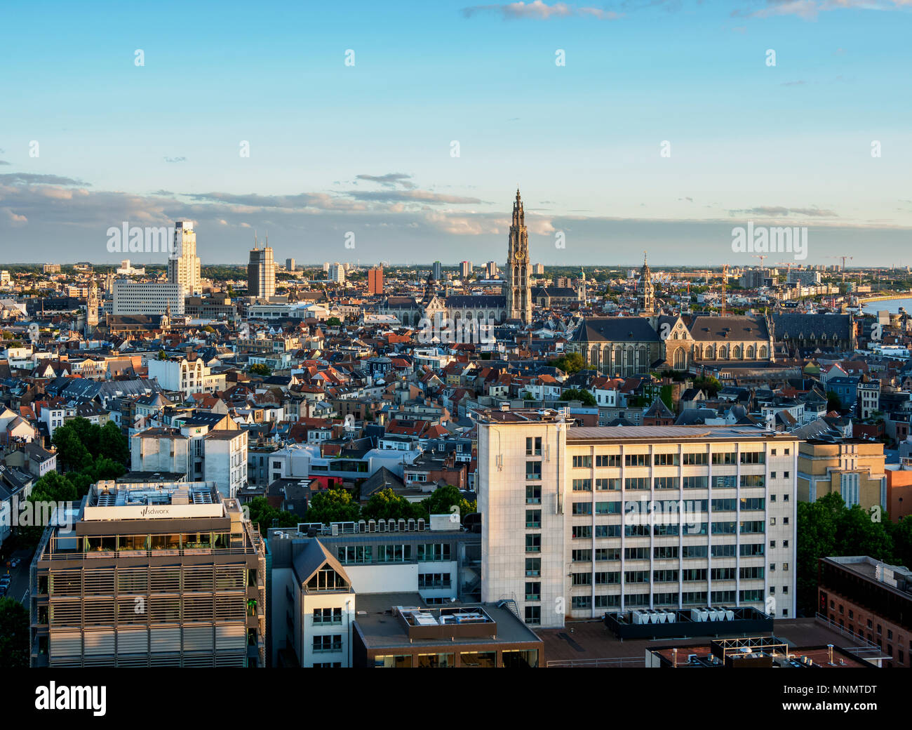 City Center Skyline at sunset, elevated view, Antwerp, Belgium Stock ...