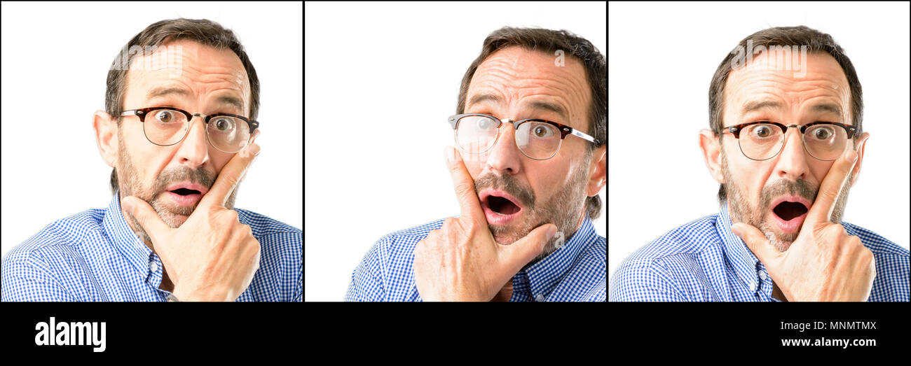 Middle age handsome man closeup scared in shock, expressing panic and ...