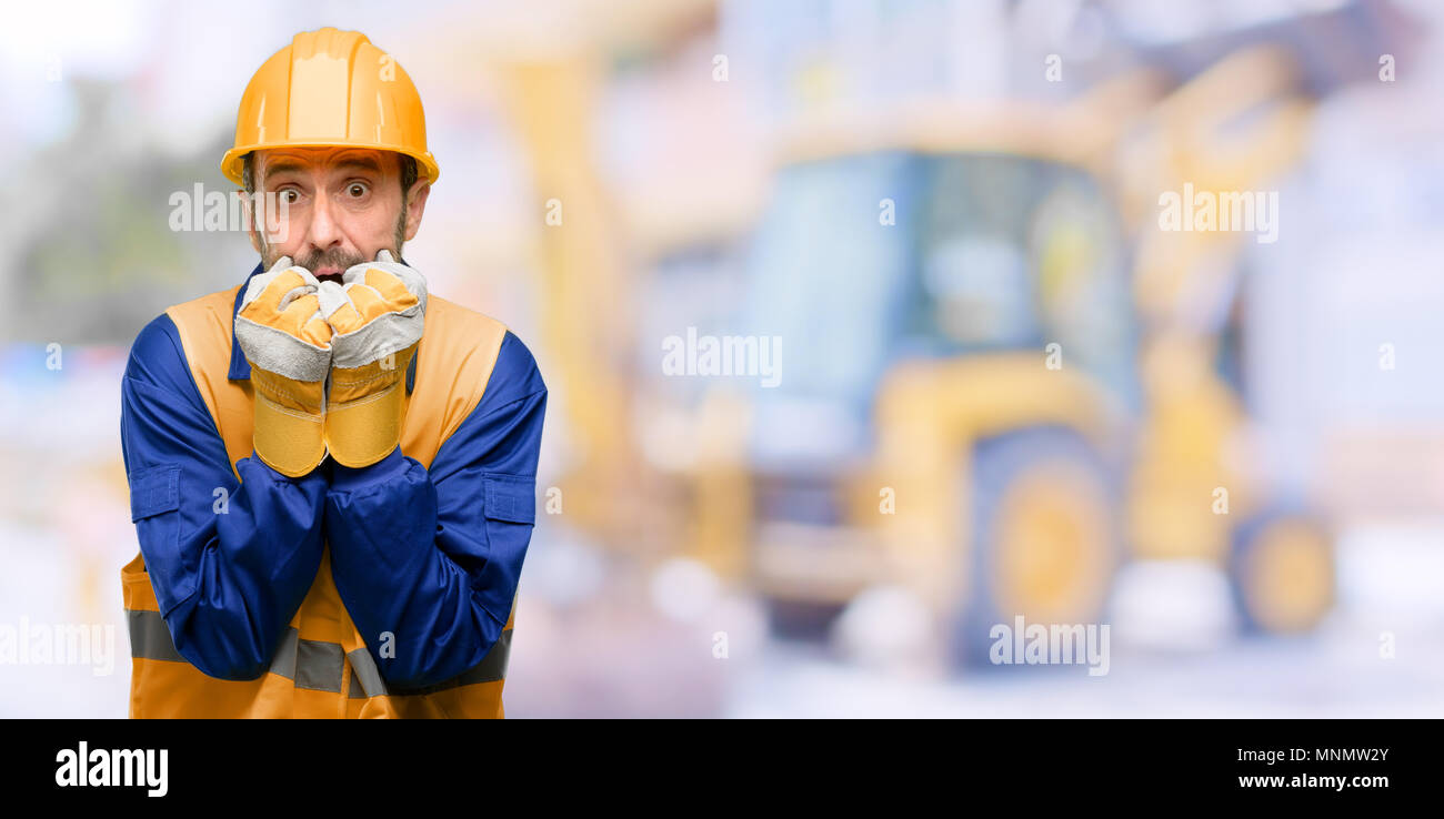 Senior engineer man, construction worker terrified and nervous ...