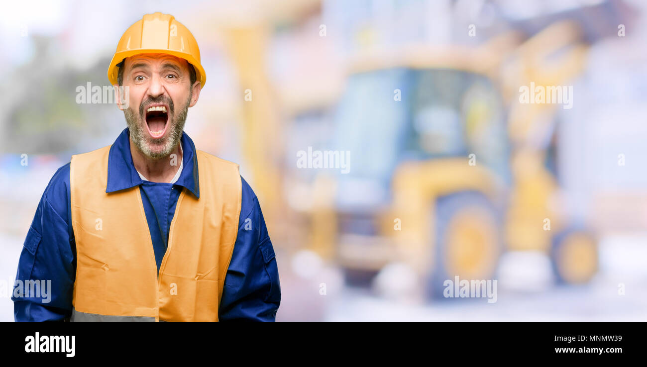 Senior engineer man, construction worker stressful, terrified in panic ...