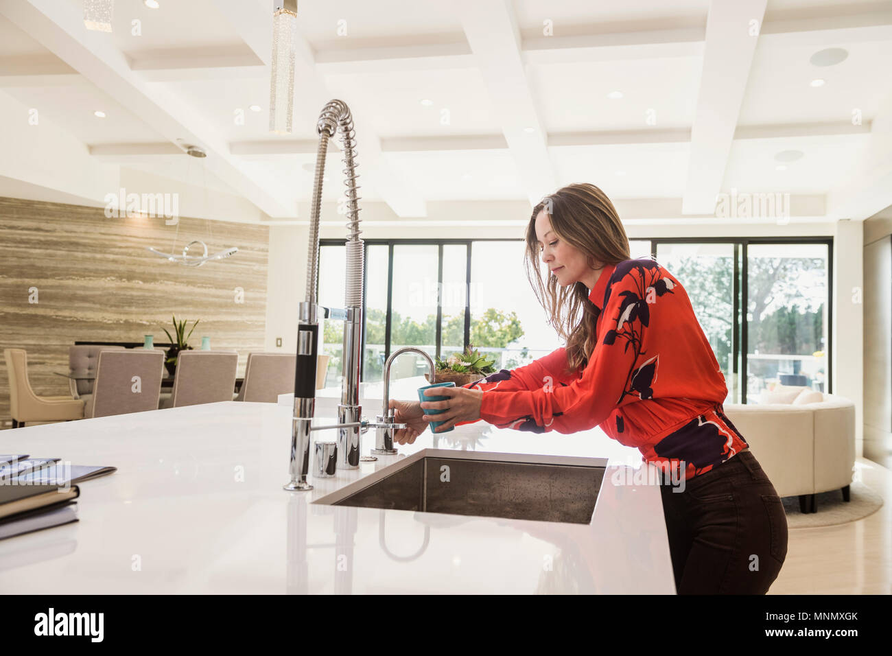Woman washing dishes in kitchen Stock Photo - Alamy