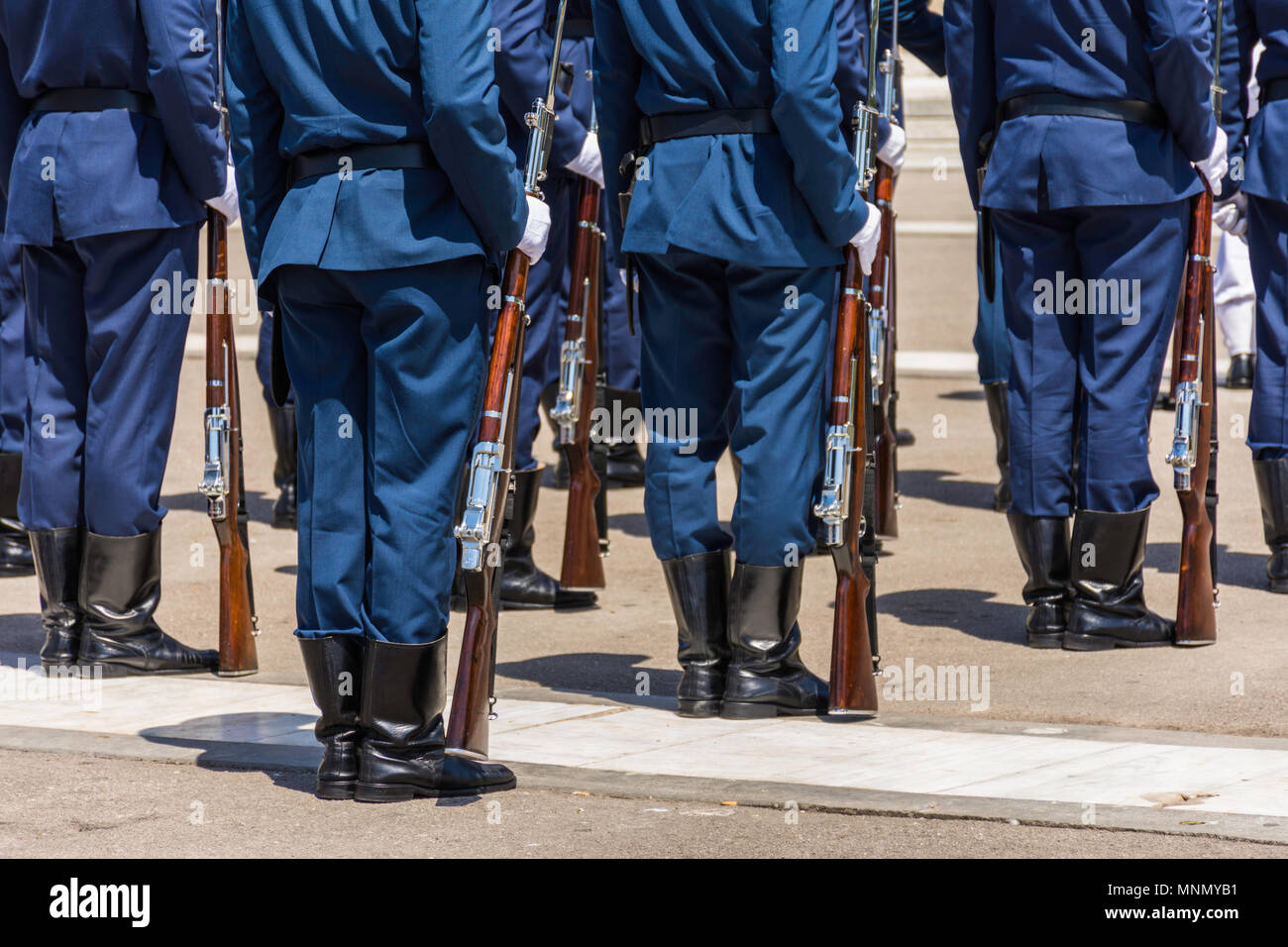 A formation line of Greek armed forces soldiers in military formation ...