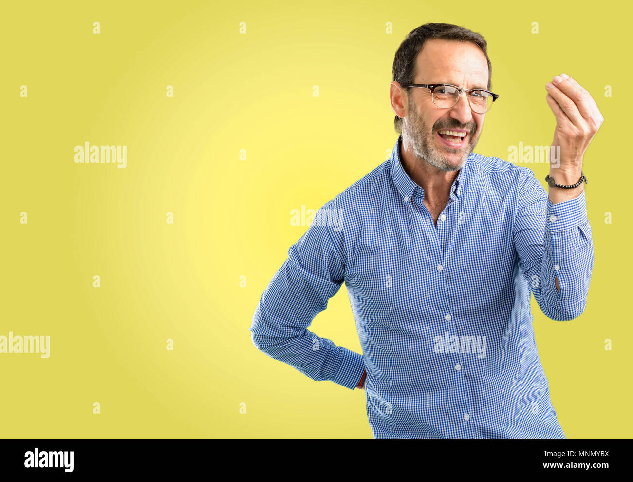 Handsome middle age man angry gesturing typical italian gesture with ...