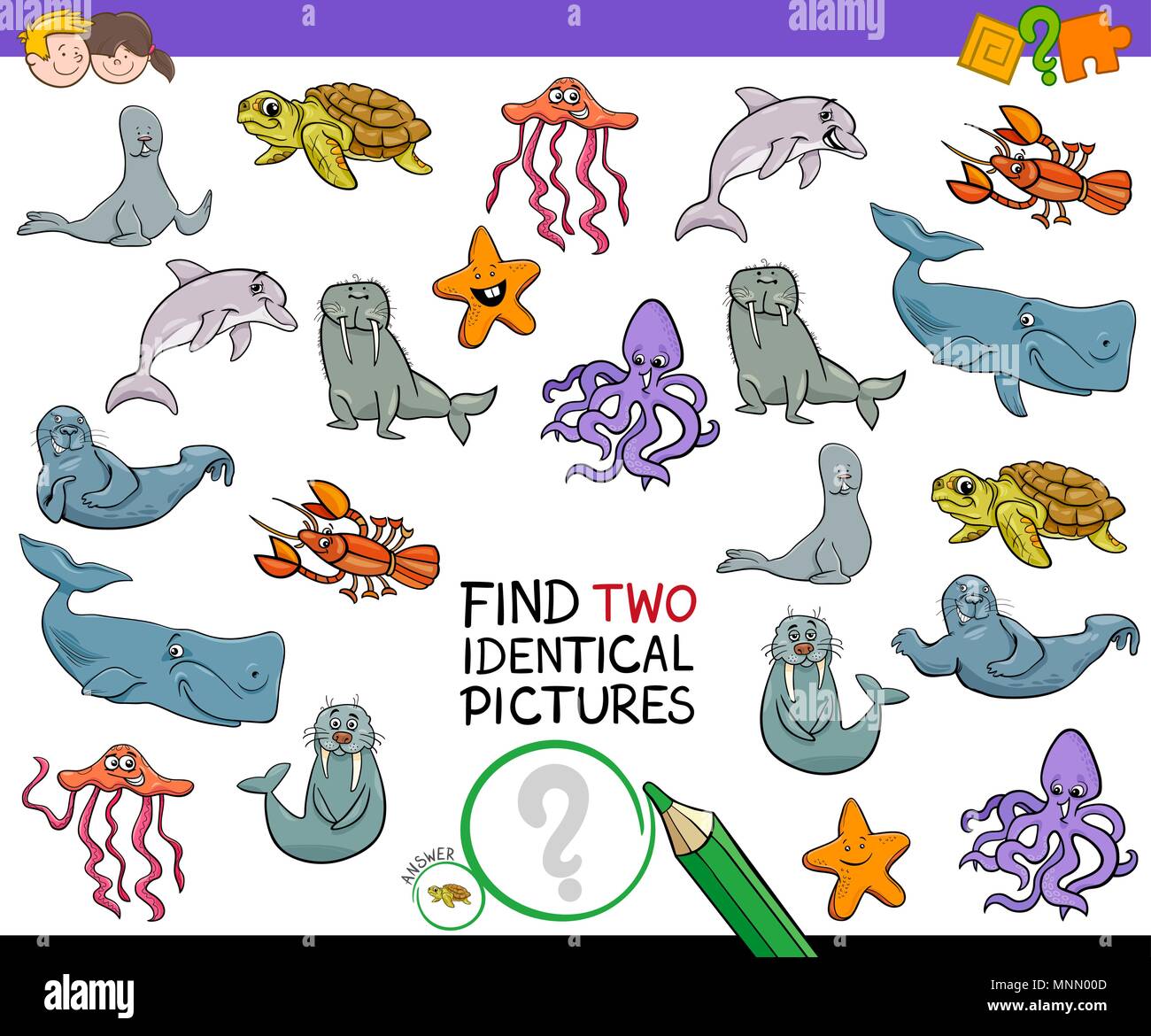 Cartoon Illustration of Finding Two Identical Pictures Educational Game ...