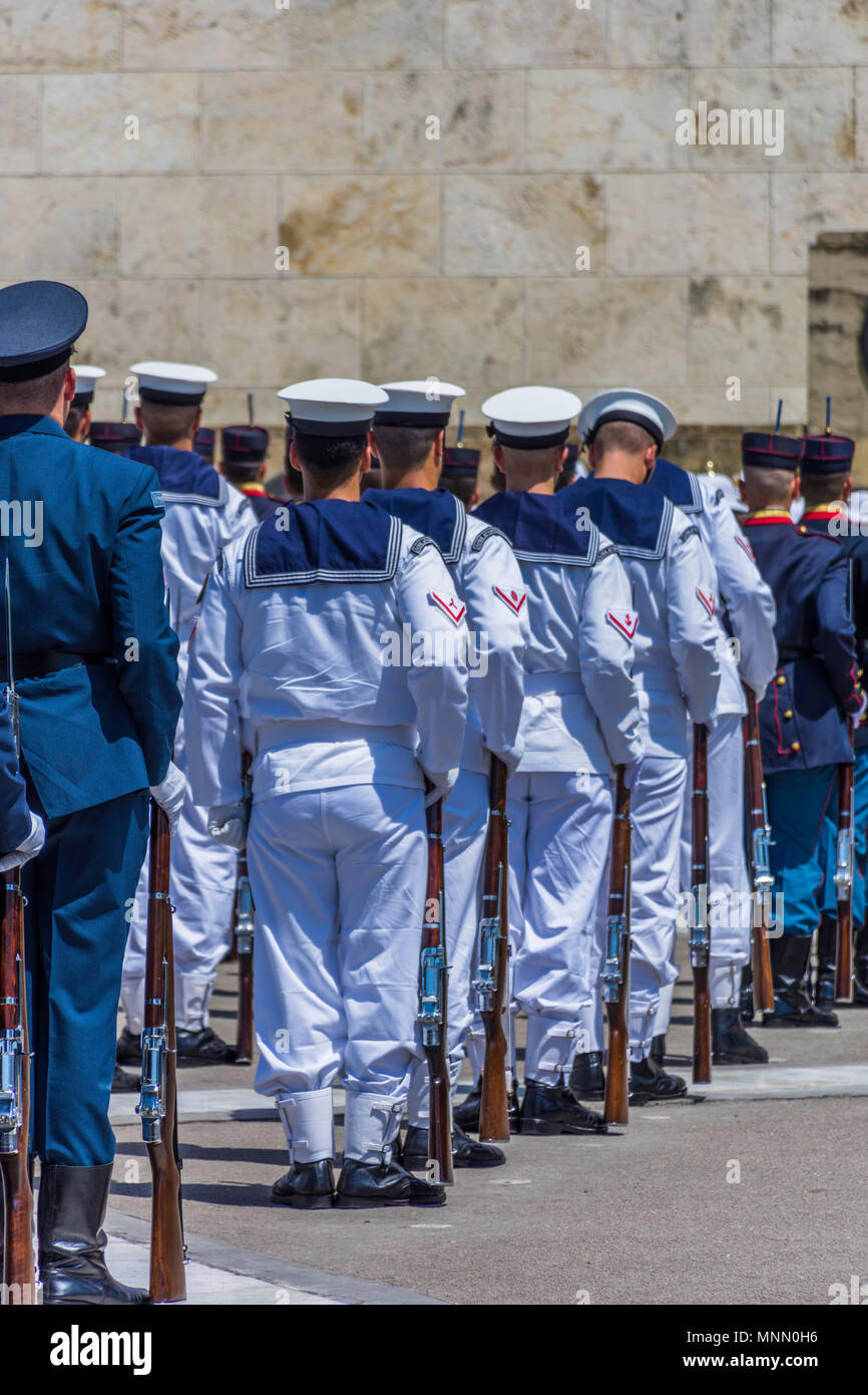A formation line of Greek armed forces soldiers in military formation ...
