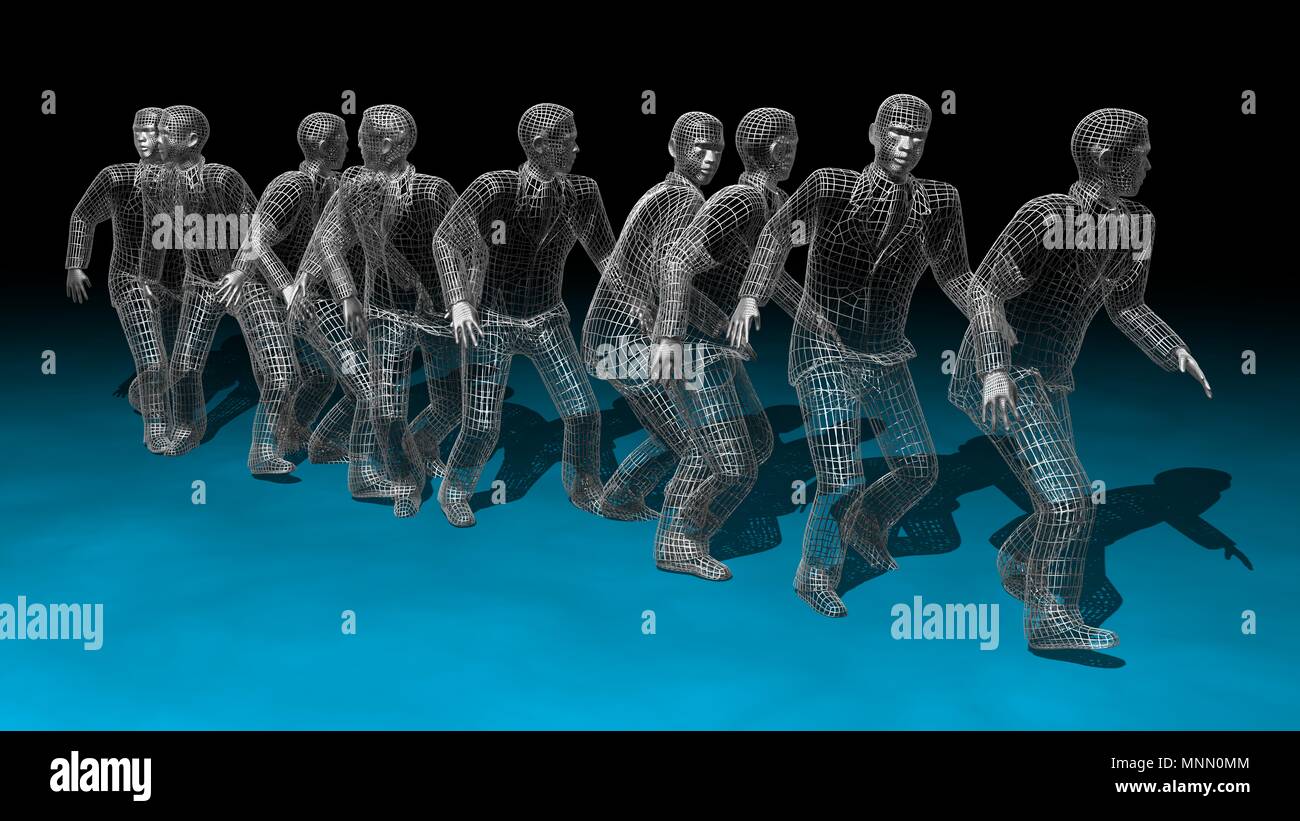 Criminal activity. 3d render.Blue ground plane. Wireframe men in ...