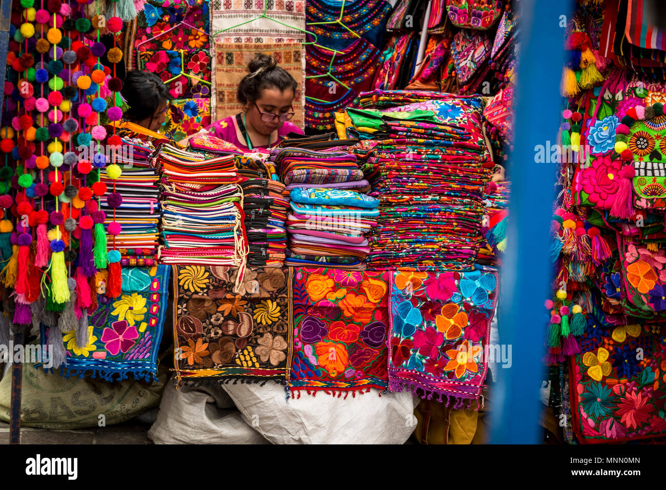 Stall with colourful Mexican fabrics, San Angel Art and Craft Saturday ...