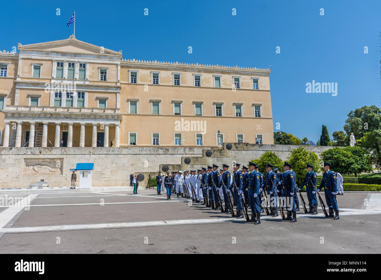 A formation line of Greek armed forces soldiers in military formation ...
