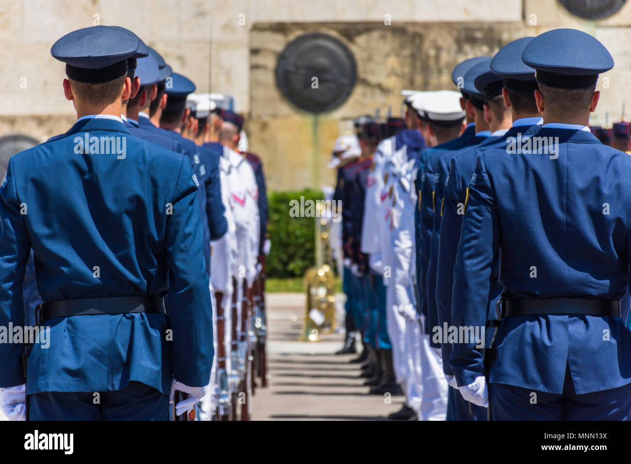 A formation line of Greek armed forces soldiers in military formation ...