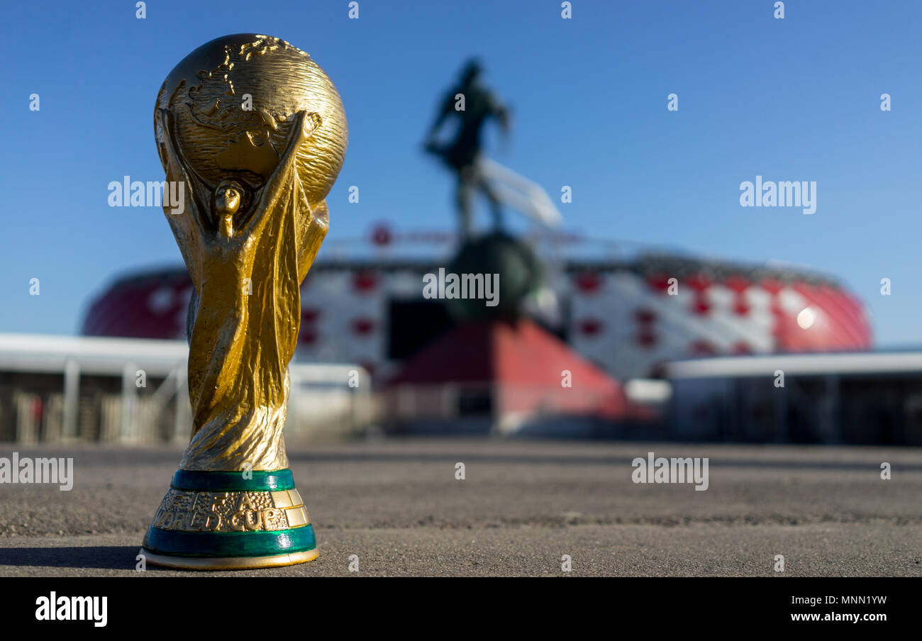 April 9, 2018 Moscow, Russia Trophy of the FIFA World Cup against the ...