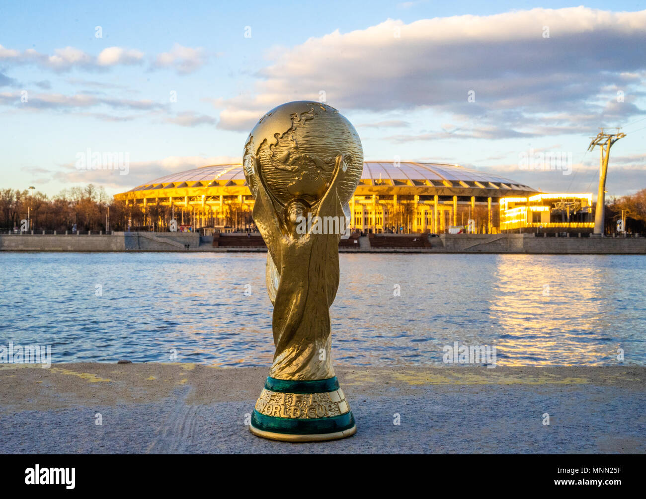 April 13, 2018 Moscow, Russia Trophy of the FIFA World Cup against the ...