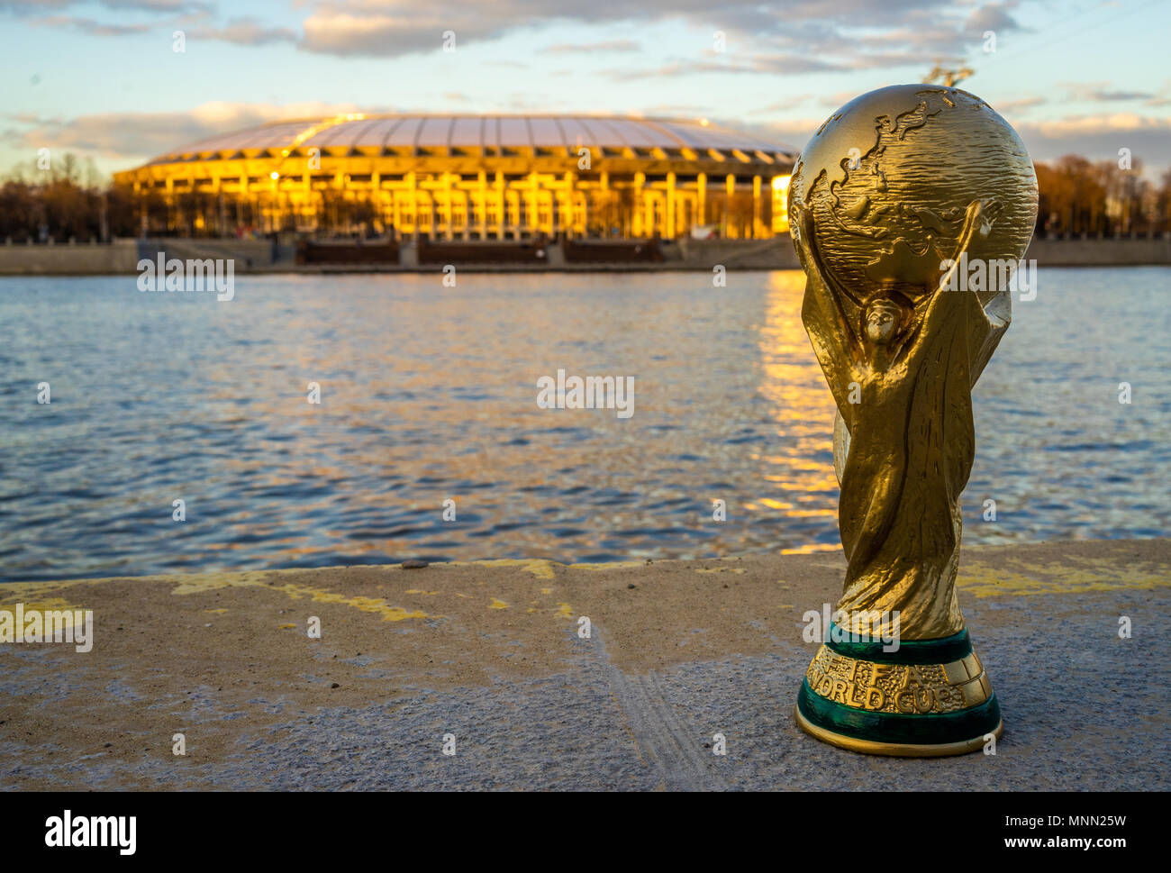 April 13, 2018 Moscow, Russia Trophy of the FIFA World Cup against the ...