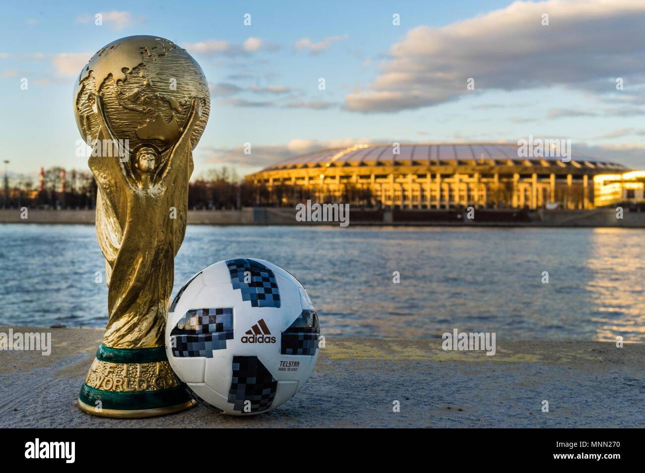 April 13, 2018 Moscow, Russia Trophy of the FIFA World Cup and official ...