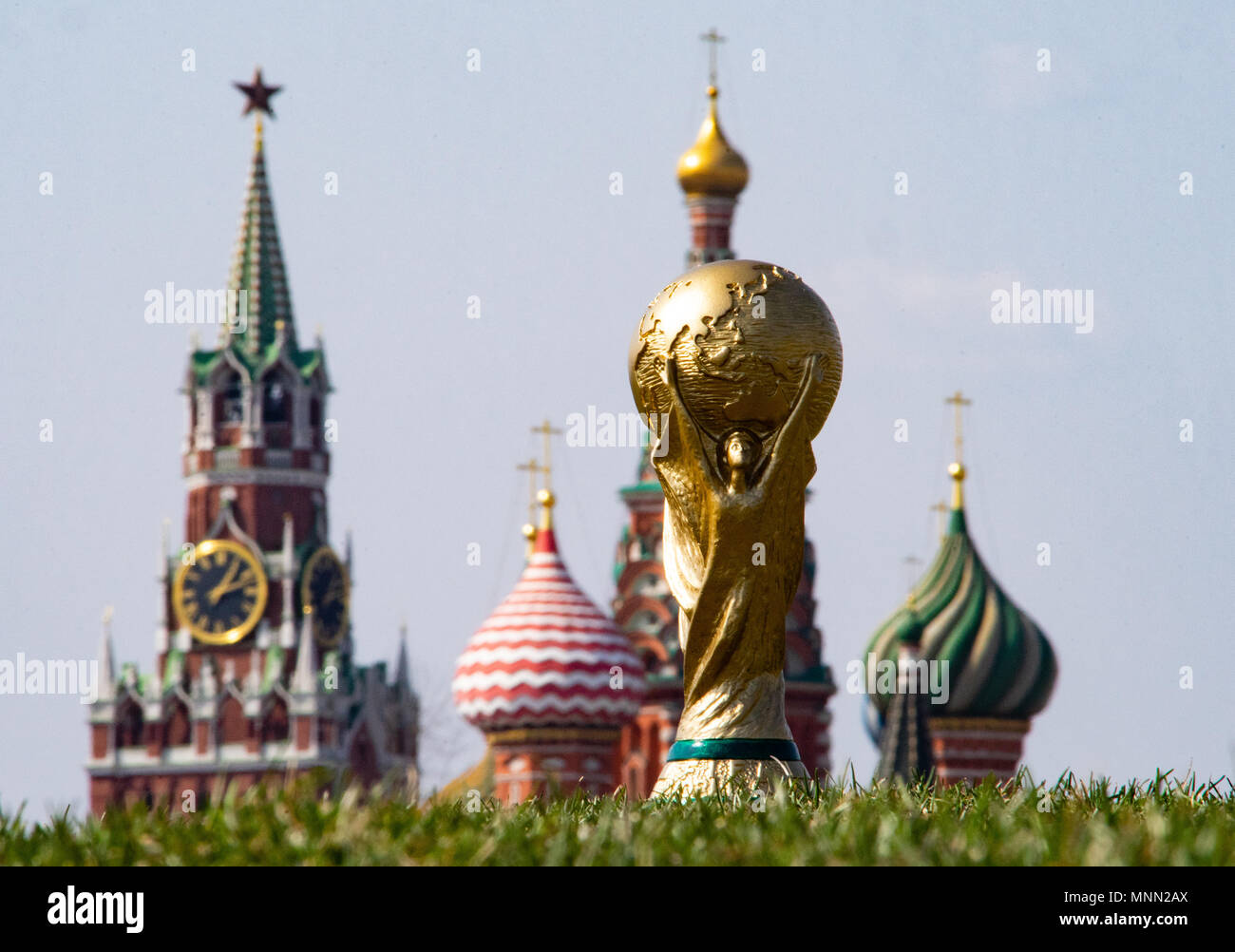 April 16, 2018 Moscow. Russia Trophy of the FIFA World Cup on the Red ...