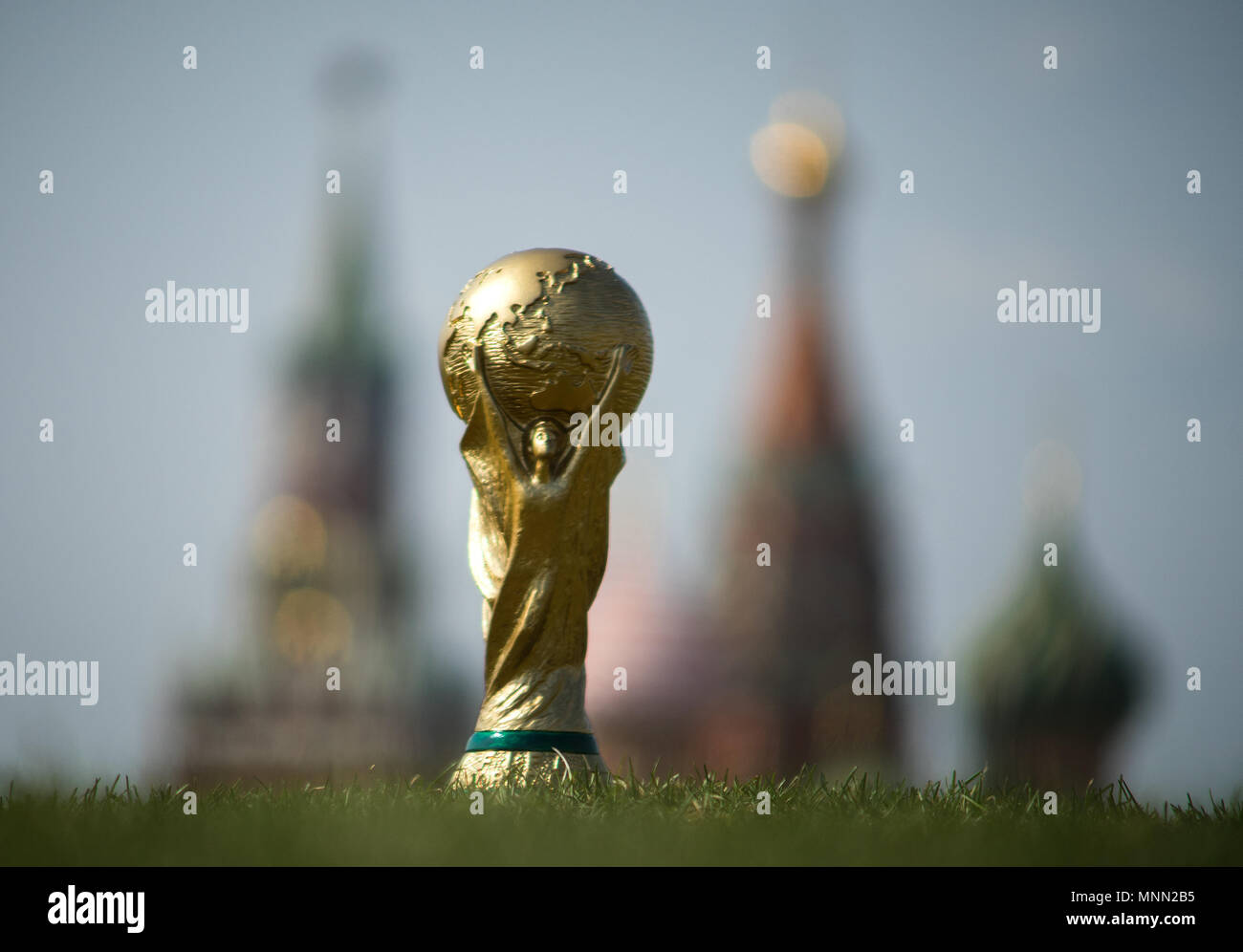April 16, 2018 Moscow. Russia Trophy of the FIFA World Cup on the Red ...