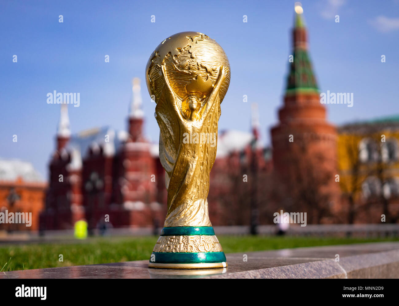 April 16, 2018 Moscow. Russia Trophy of the FIFA World Cup on the Red ...