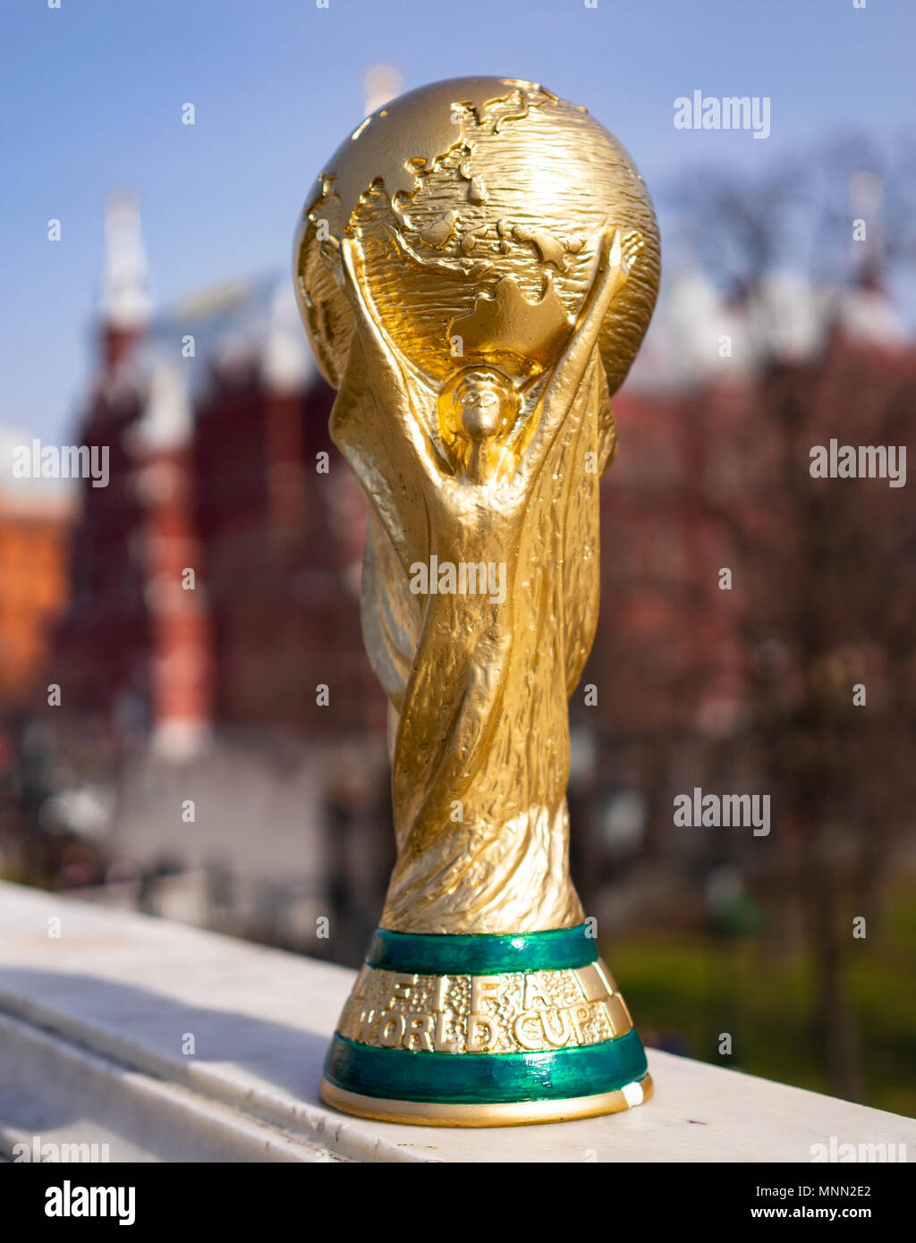 April 16, 2018 Moscow. Russia Trophy of the FIFA World Cup on the Red ...