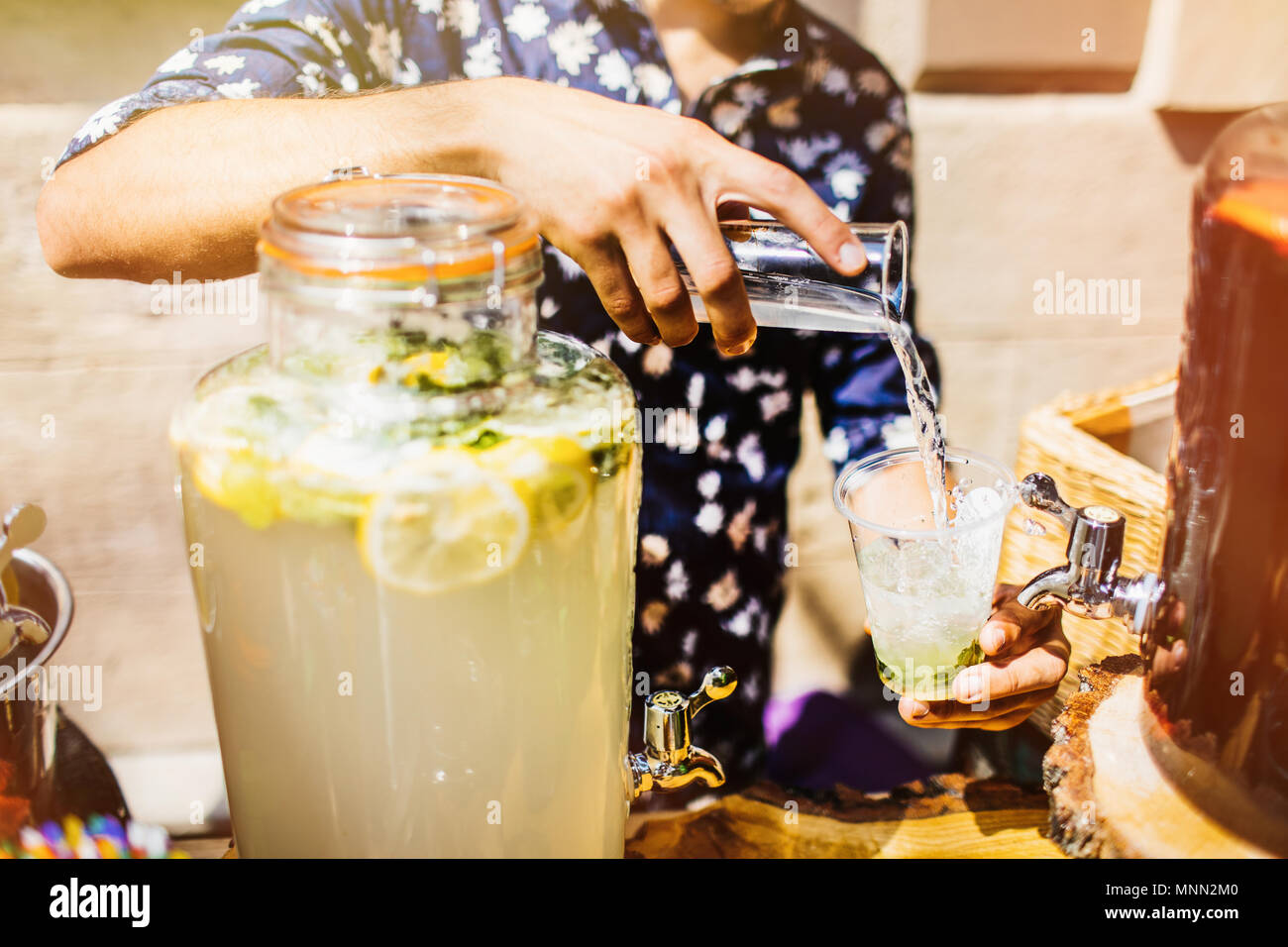 Top view of summer dinks, fruit cocktails on white wood table with ...