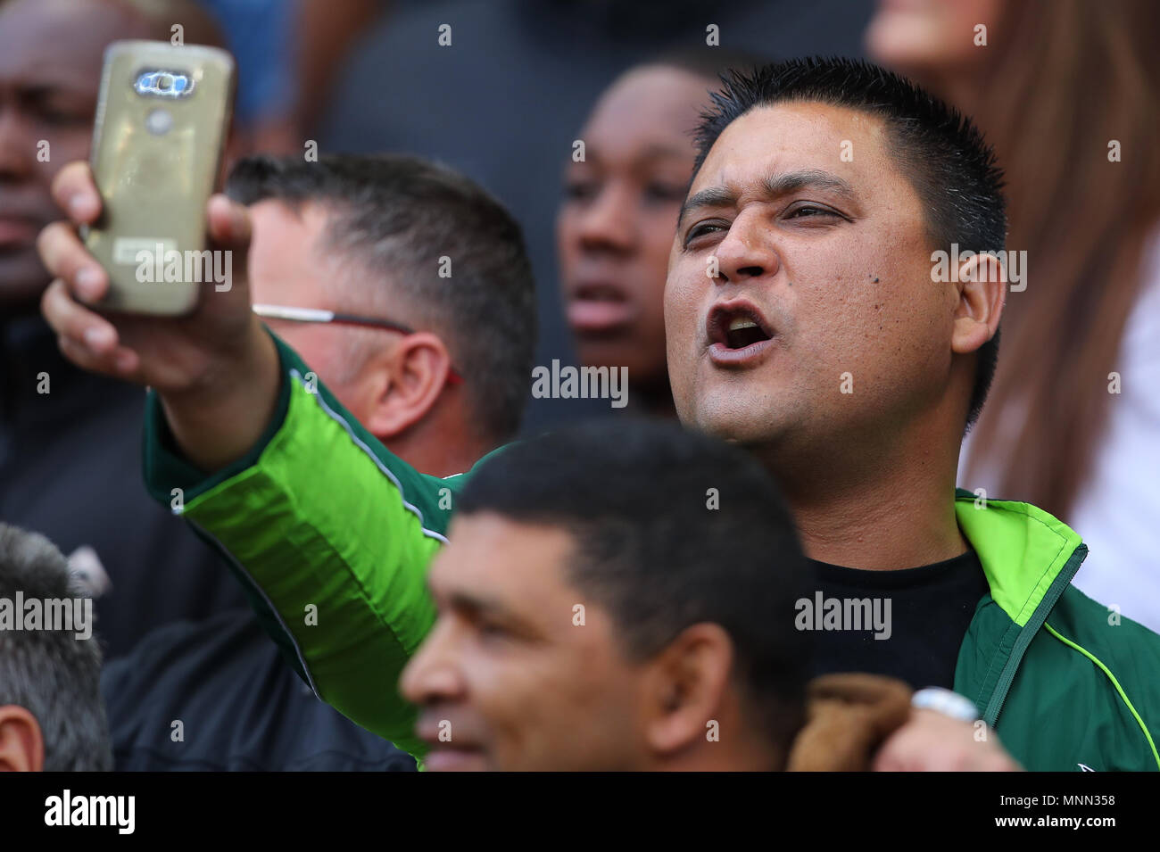 CAPE TOWN, SOUTH AFRICA - Saturday 7 October 2017, a spectator sings ...