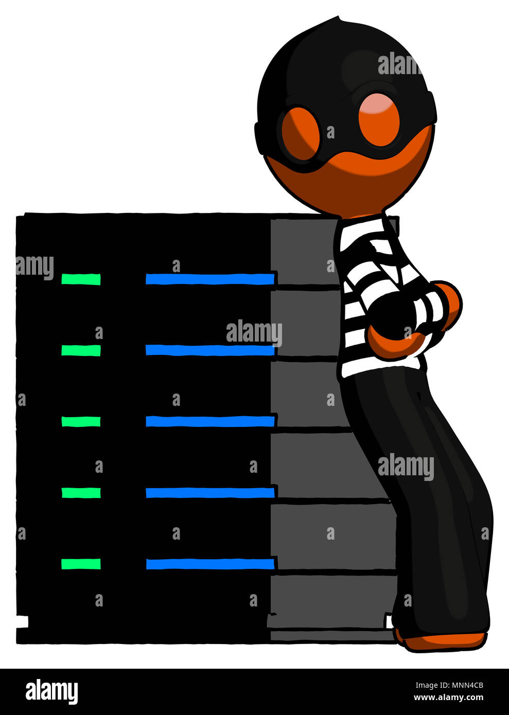 Orange thief man resting against server rack viewed at angle Stock ...