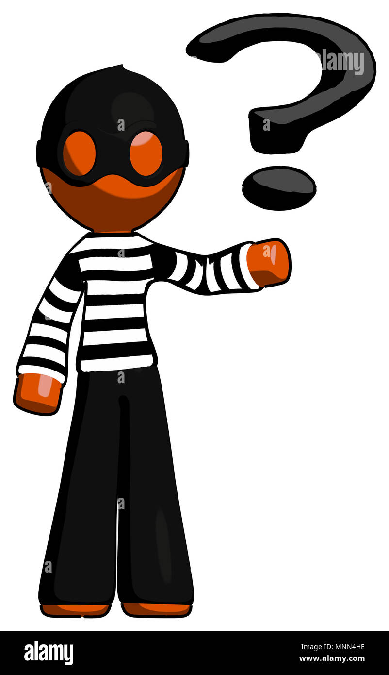 Orange thief man holding question mark to right Stock Photo - Alamy