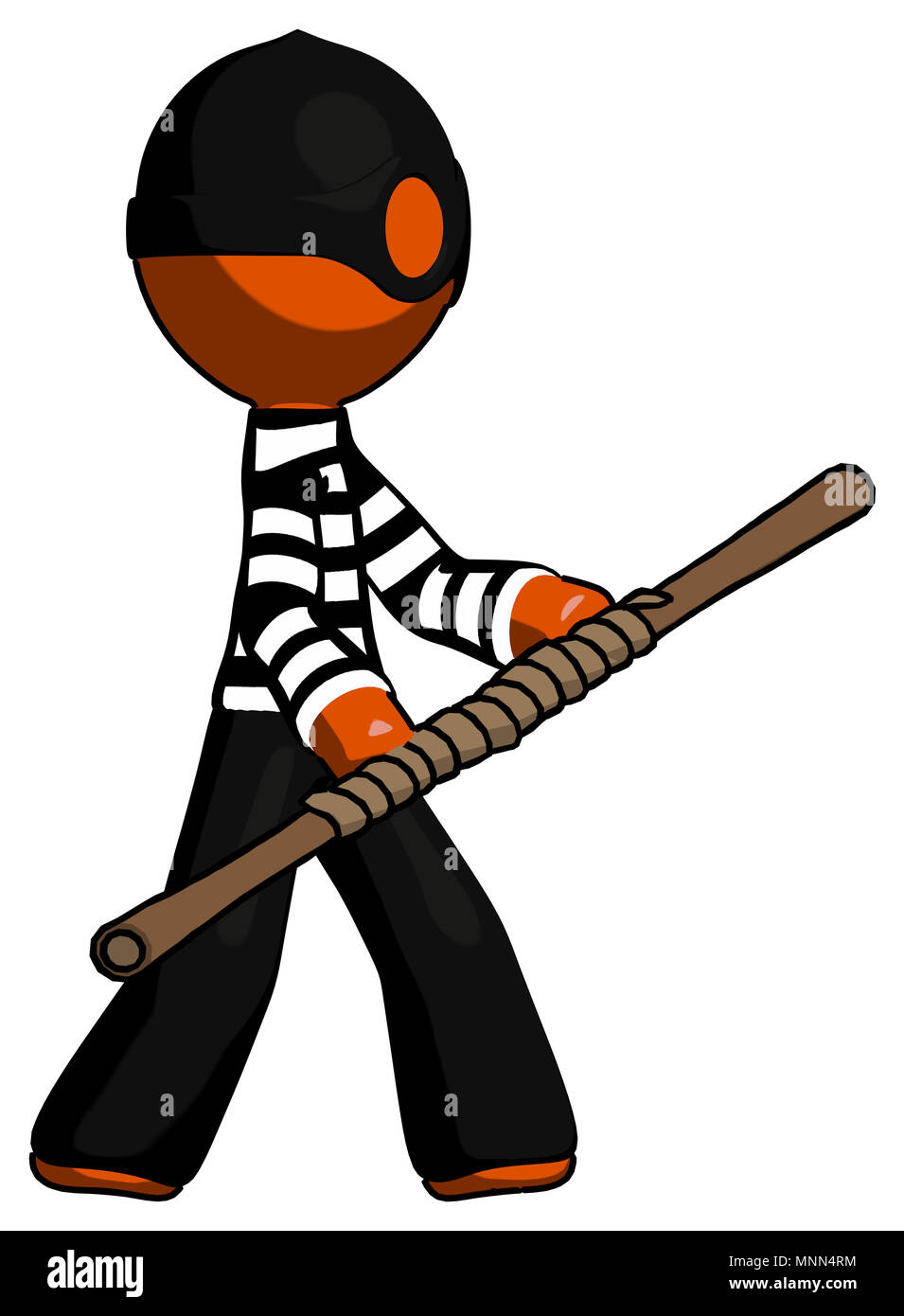 Orange thief man holding bo staff in sideways defense pose Stock Photo ...