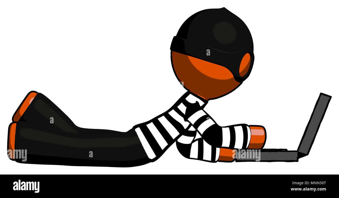 Orange thief man using laptop computer while lying on floor side view ...