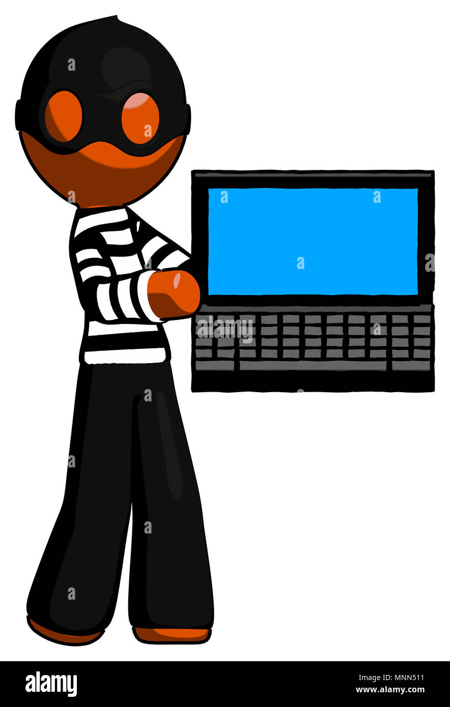 Orange thief man holding laptop computer presenting something on screen ...