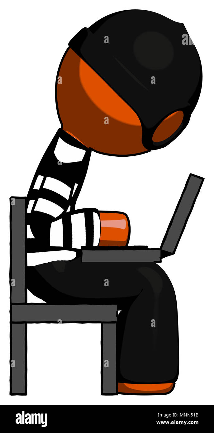 Orange thief man using laptop computer while sitting in chair view from ...