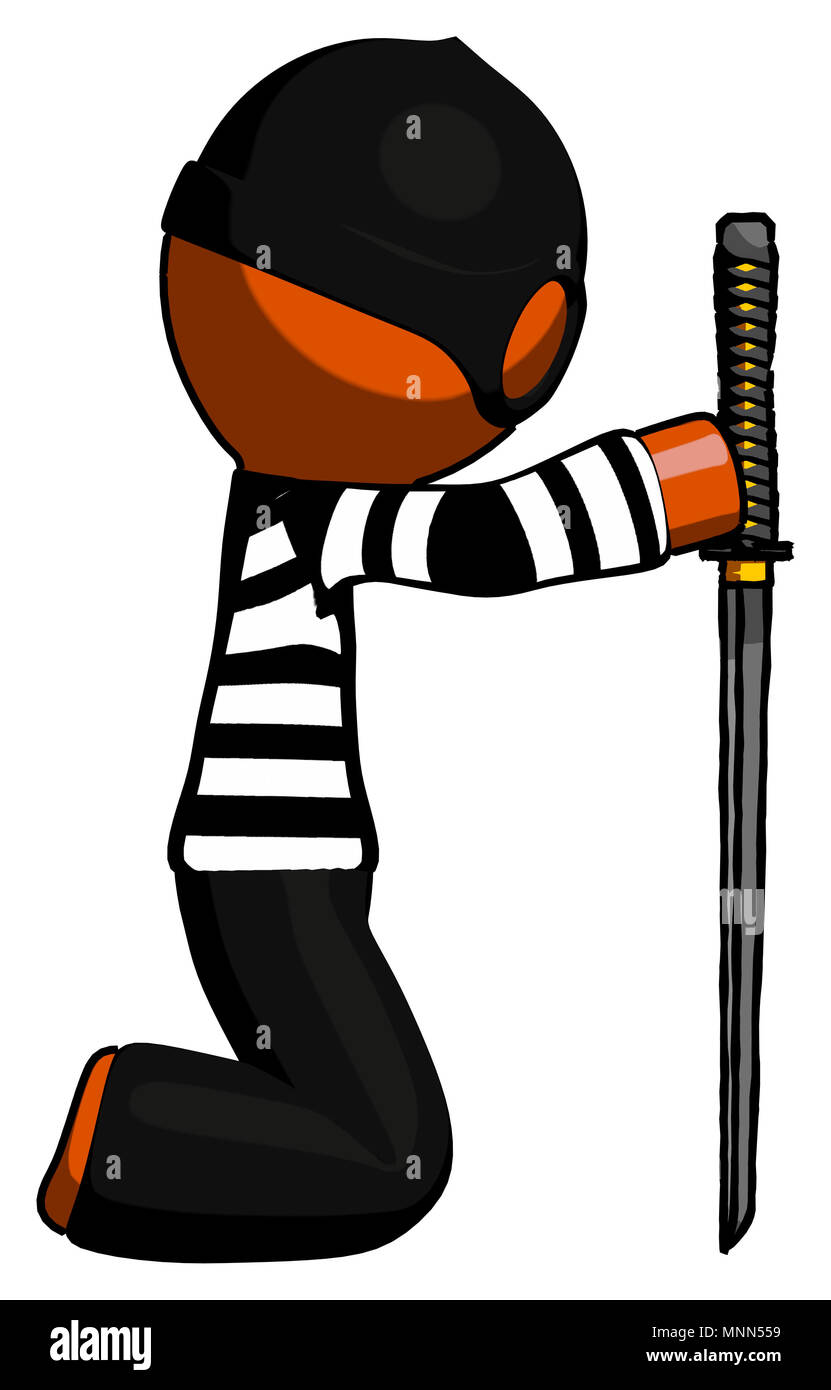 Orange thief man kneeling with ninja sword katana showing respect Stock ...