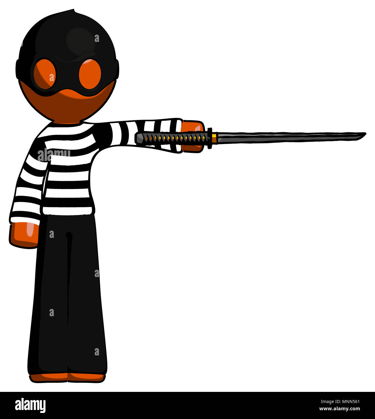 Orange thief man standing with ninja sword katana pointing right Stock ...