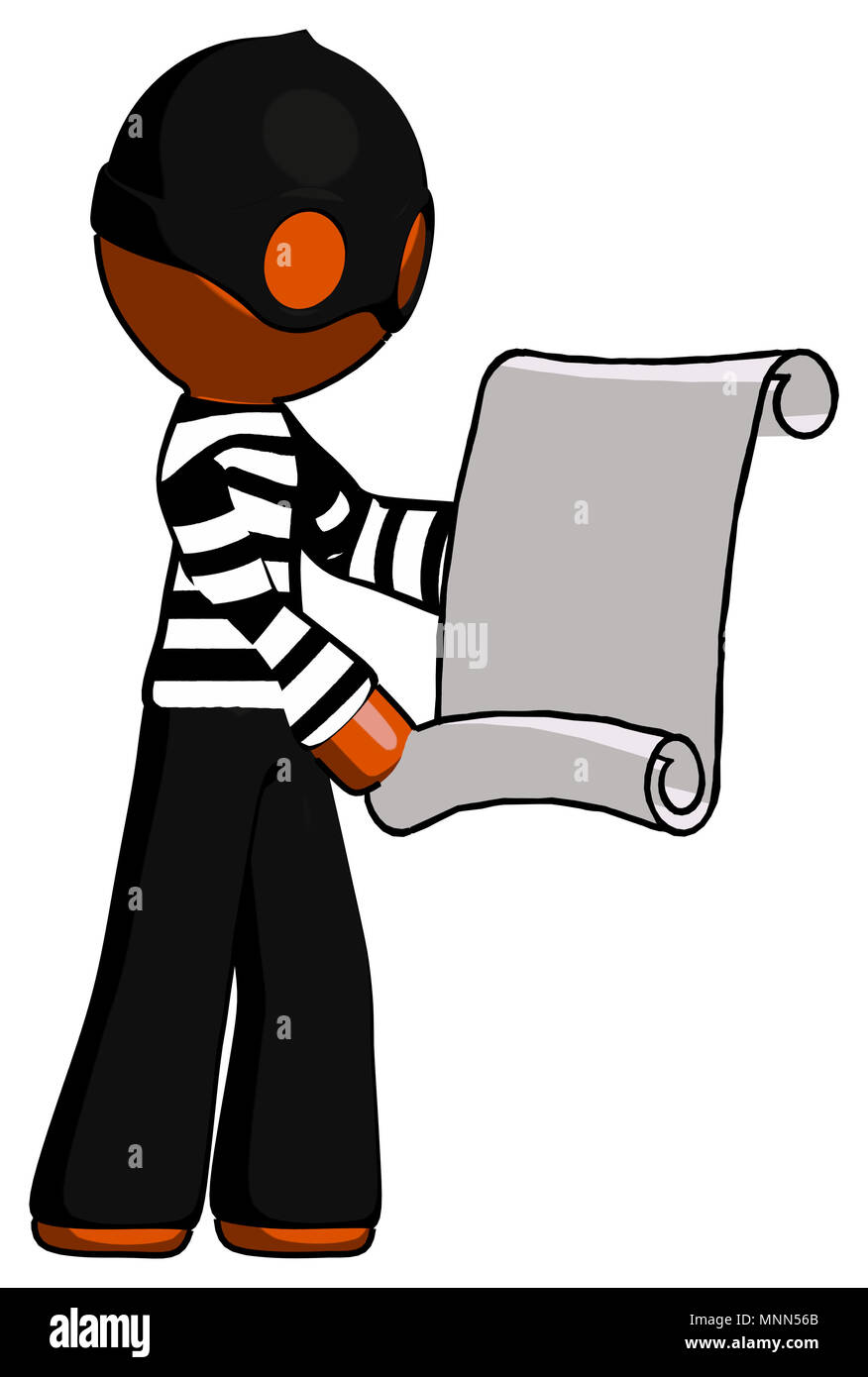 Orange thief man holding blueprints or scroll Stock Photo - Alamy