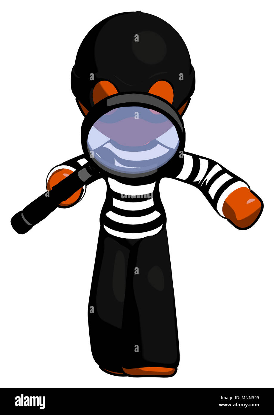 Orange thief man looking down through magnifying glass Stock Photo - Alamy