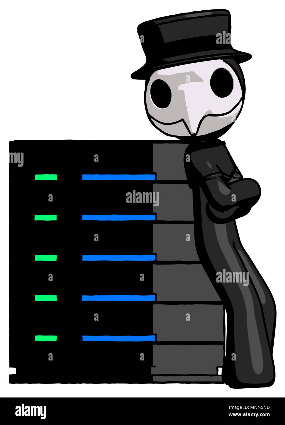 Black plague doctor man resting against server rack viewed at angle ...