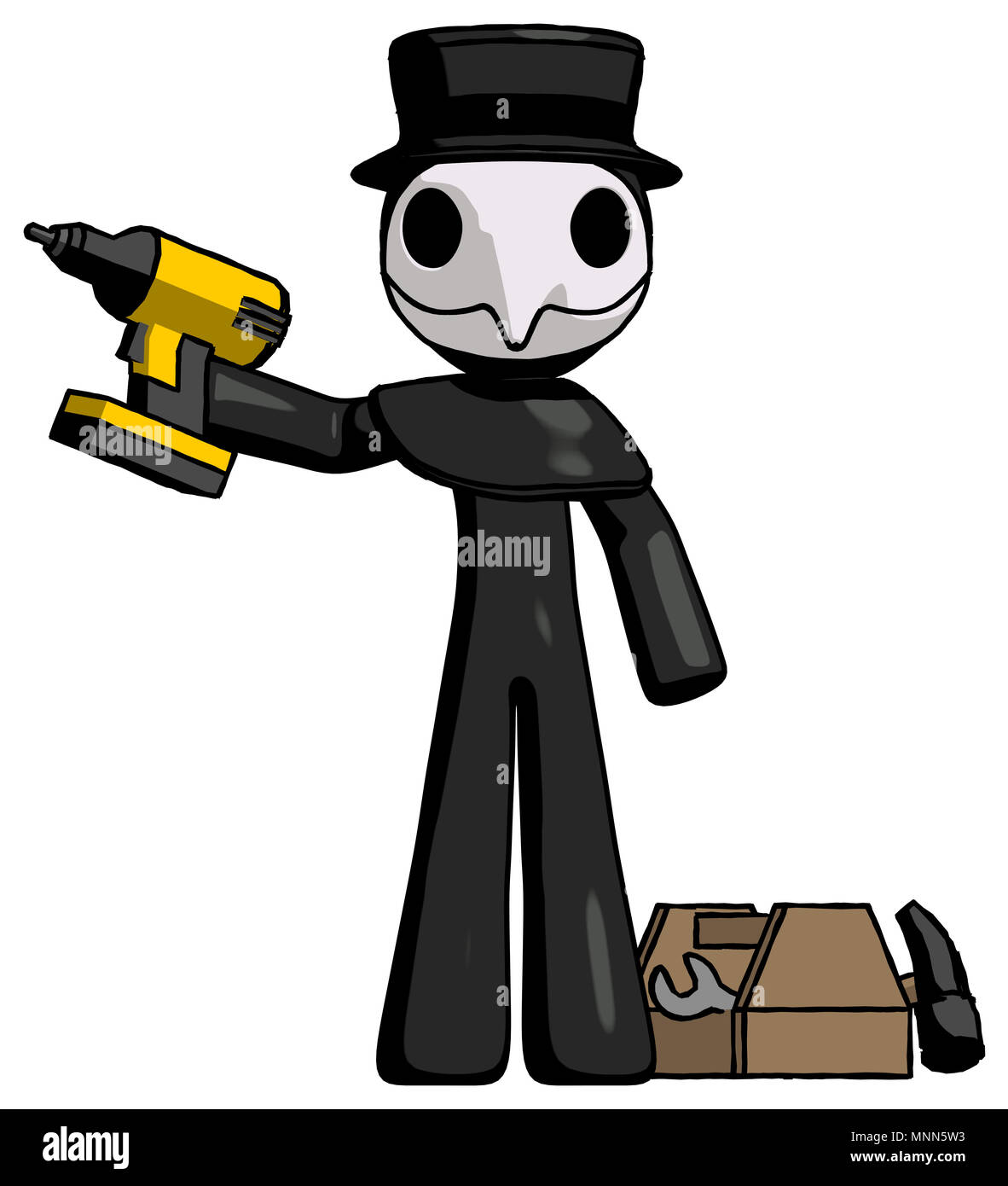 Black plague doctor man holding drill ready to work, toolchest and ...