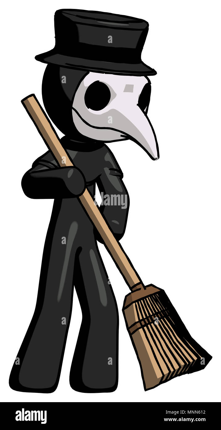 Black plague doctor man sweeping area with broom Stock Photo - Alamy