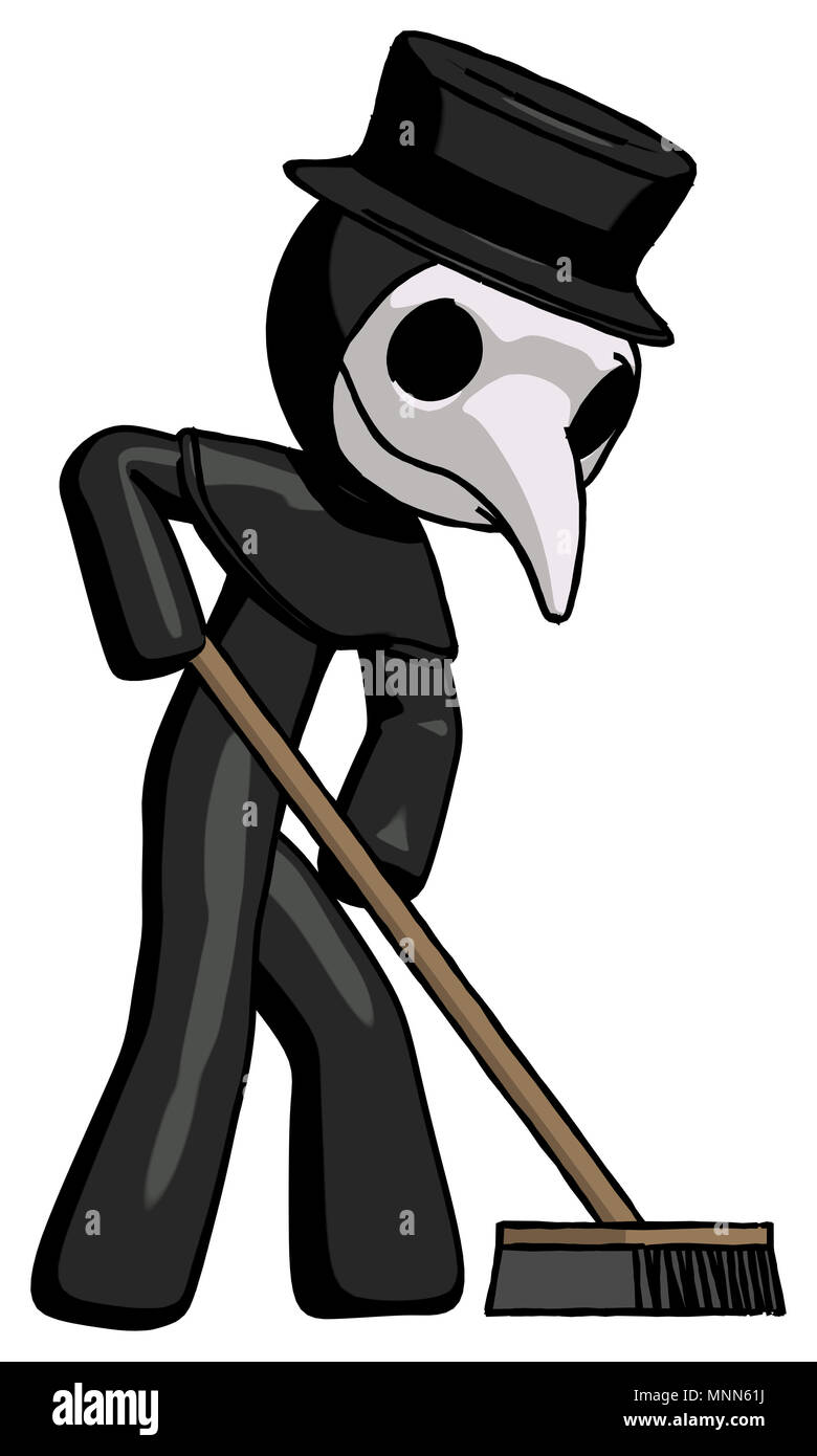 Black plague doctor man cleaning services janitor sweeping floor side ...