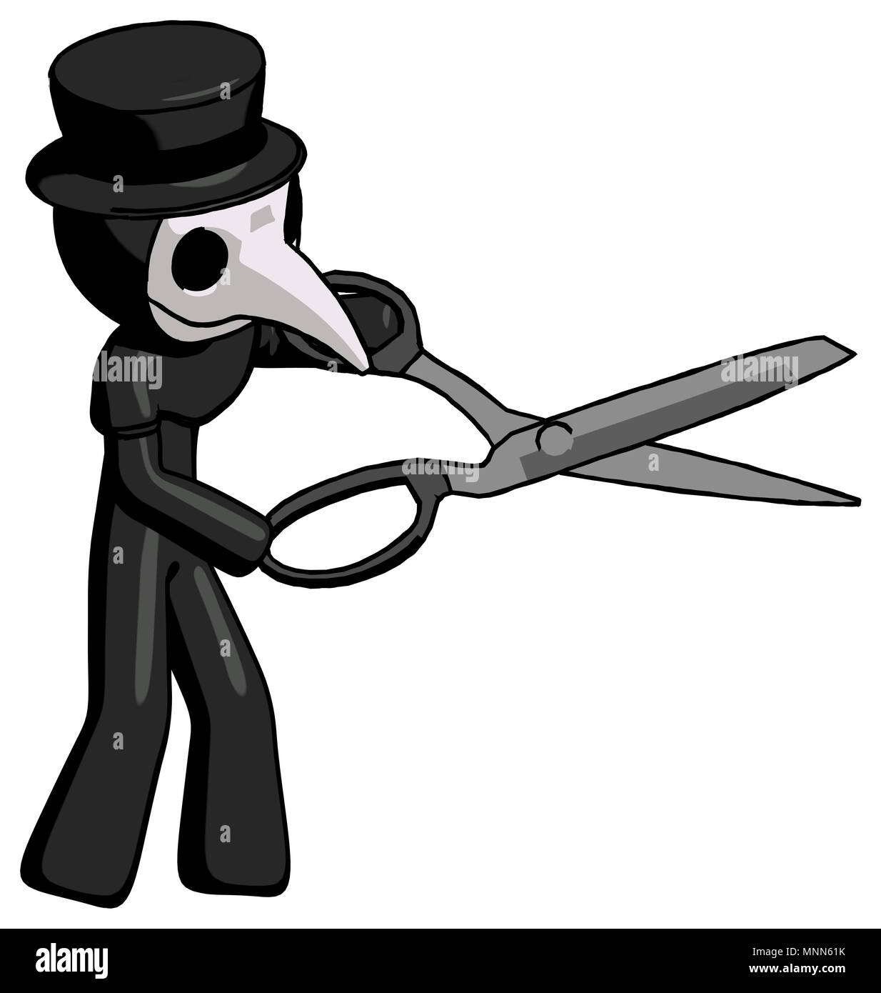 Black plague doctor man holding giant scissors cutting out something ...