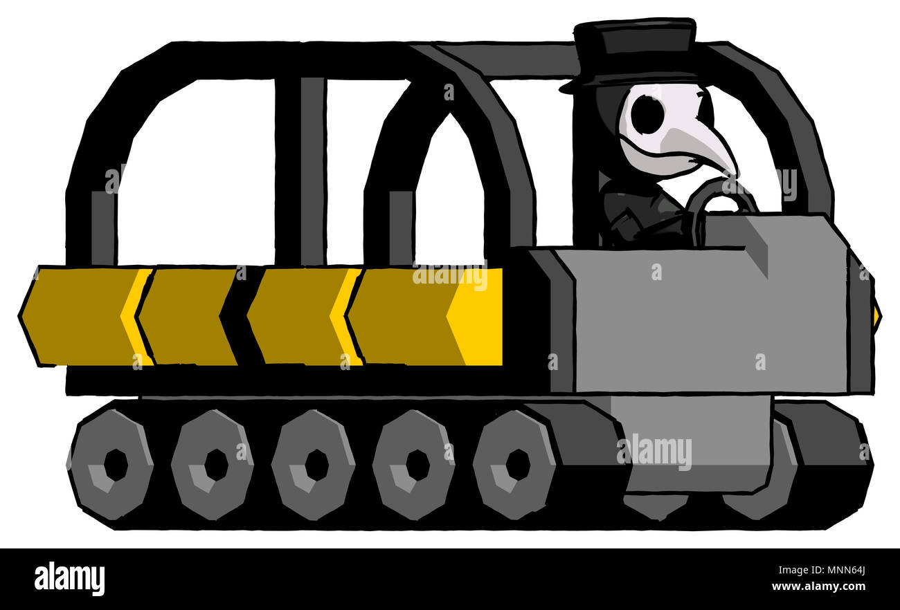 Black plague doctor man driving amphibious tracked vehicle side angle ...