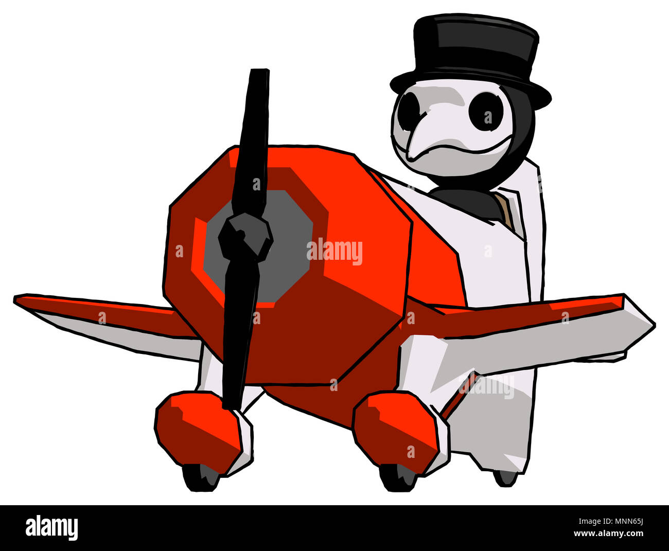 Black plague doctor man flying in geebee stunt plane viewed from below ...