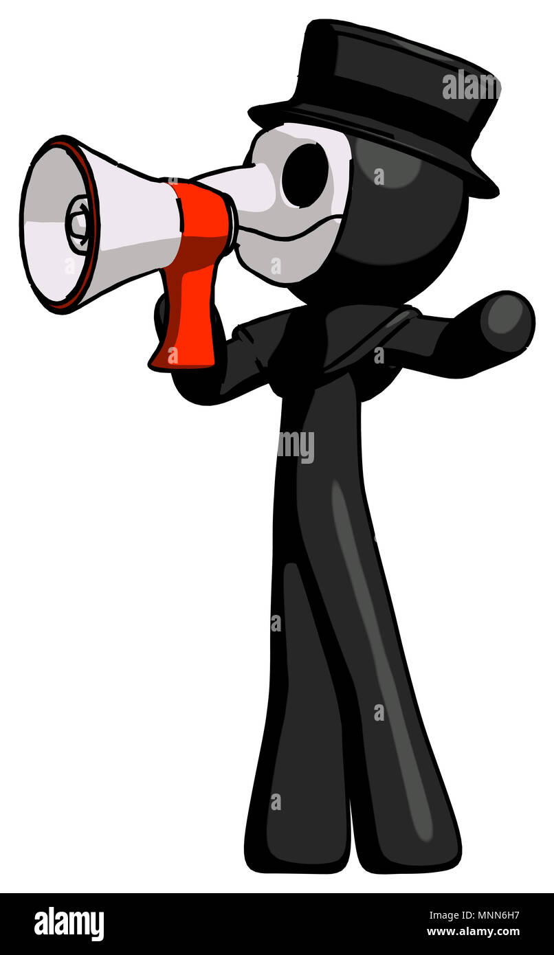 Black plague doctor man shouting into megaphone bullhorn facing left Stock Photo - Alamy