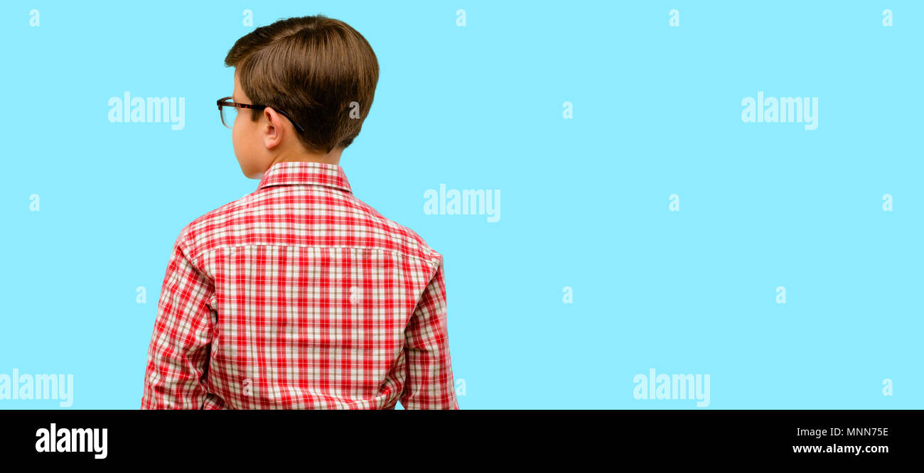 Handsome toddler child with green eyes backside, rear view over blue ...