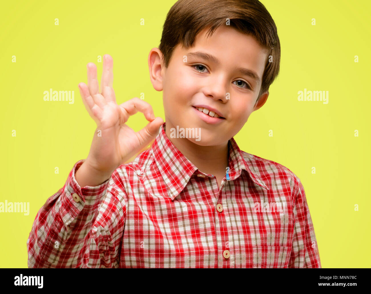 Handsome toddler child with green eyes doing ok sign with hand, approve ...