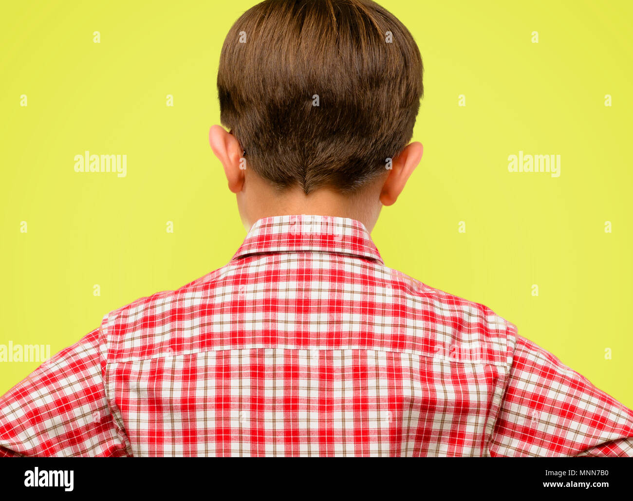 Handsome toddler child with green eyes backside, rear view over yellow ...