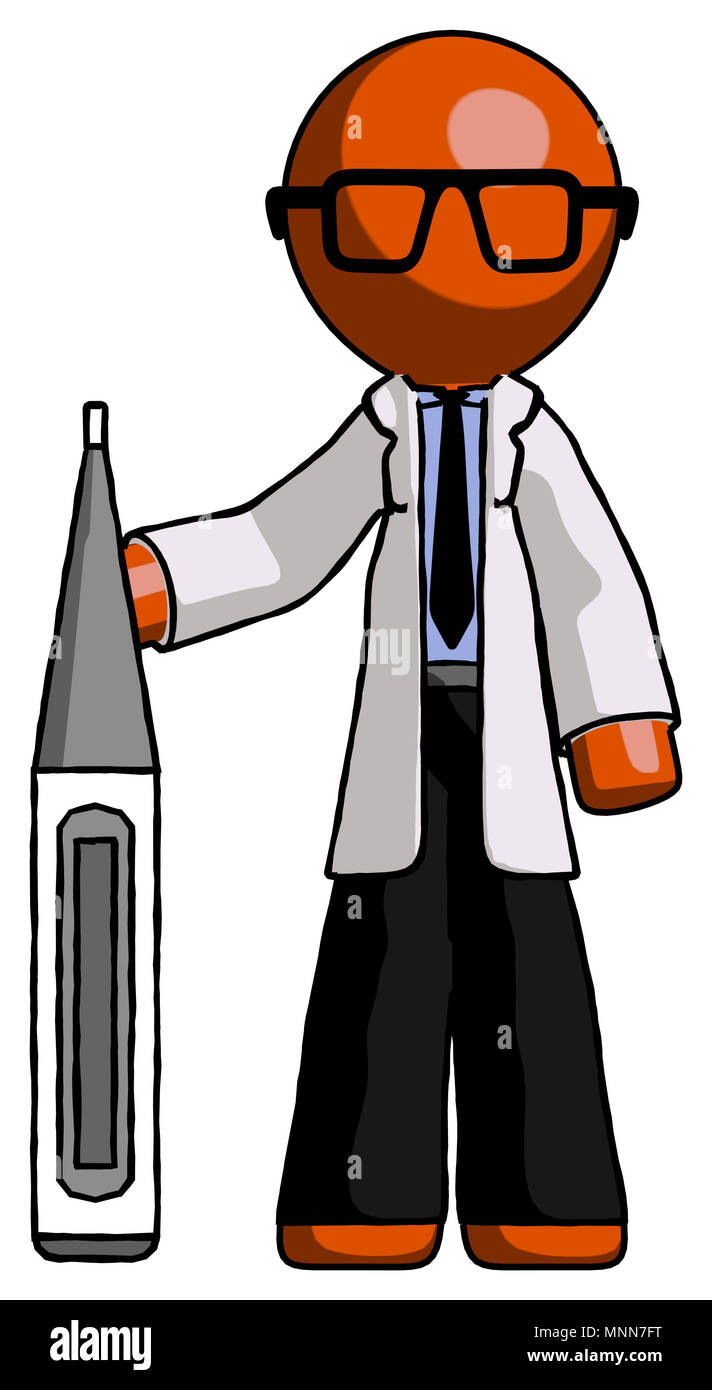 Orange doctor scientist man standing with large thermometer Stock Photo ...